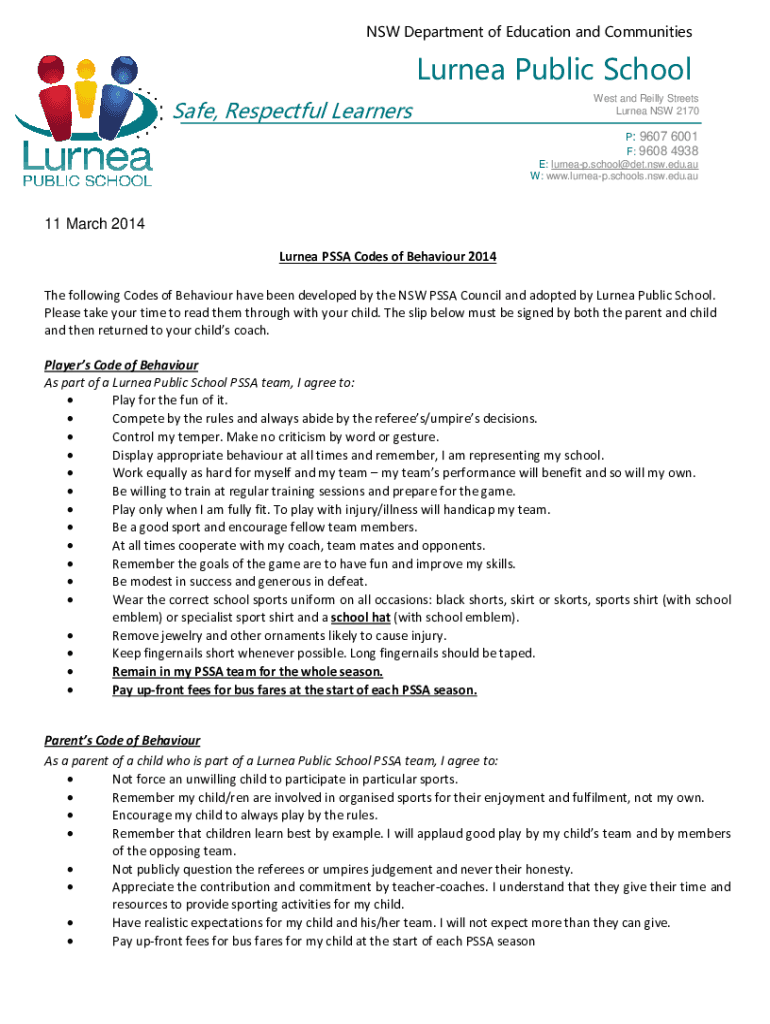 Fillable Online Code of Behaviour Note - Lurnea Public School Fax Email ...