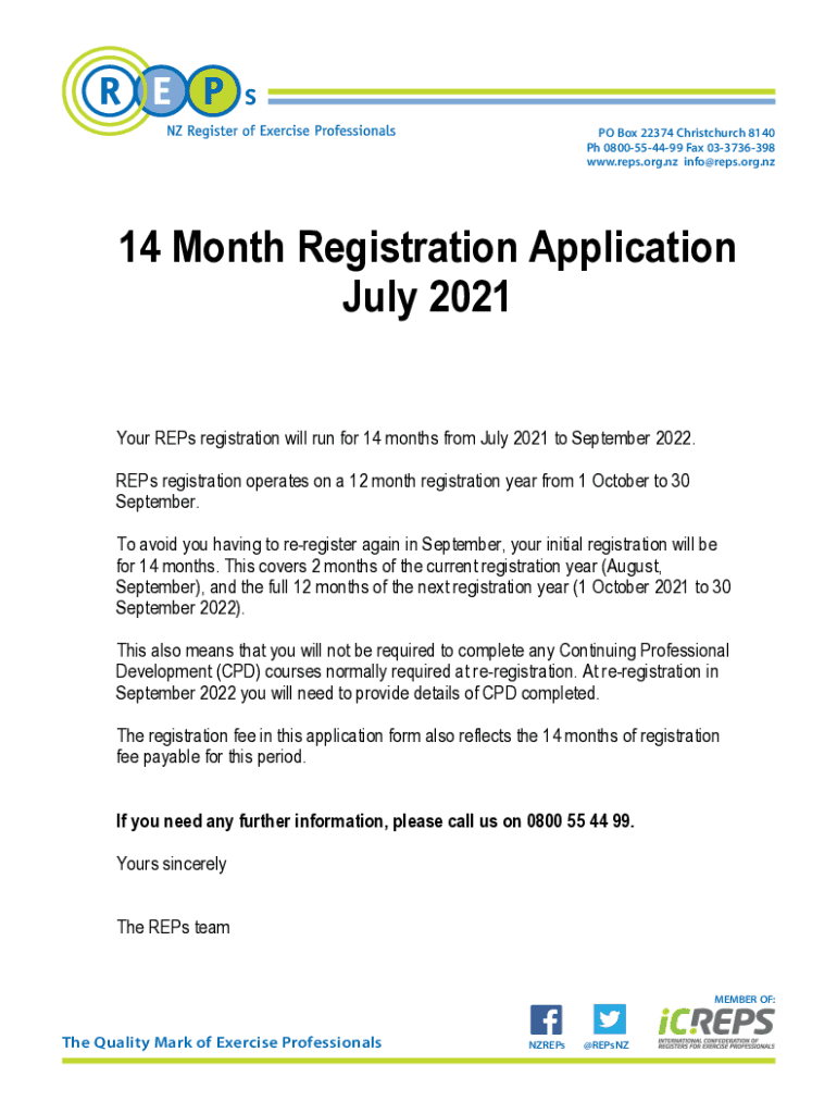 Fillable Online REPs Registration - 14 Month Application Form 2020 ...