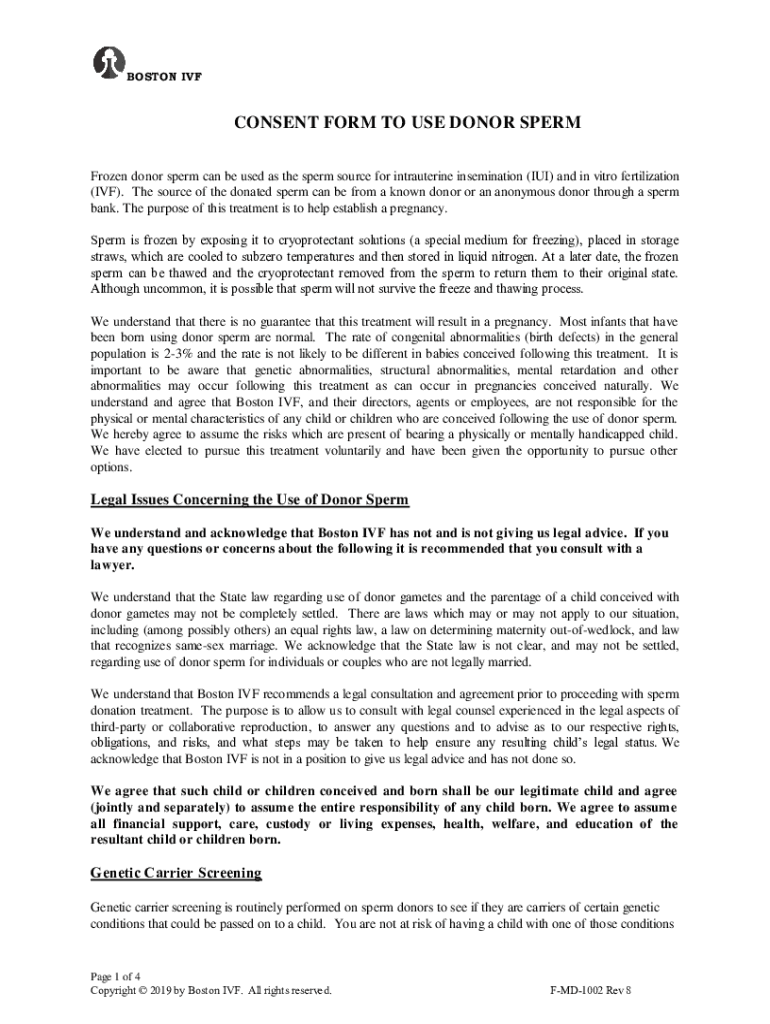 Fillable Online CONSENT FORM TO USE DONOR SPERM - Boston IVF Fax Email ...