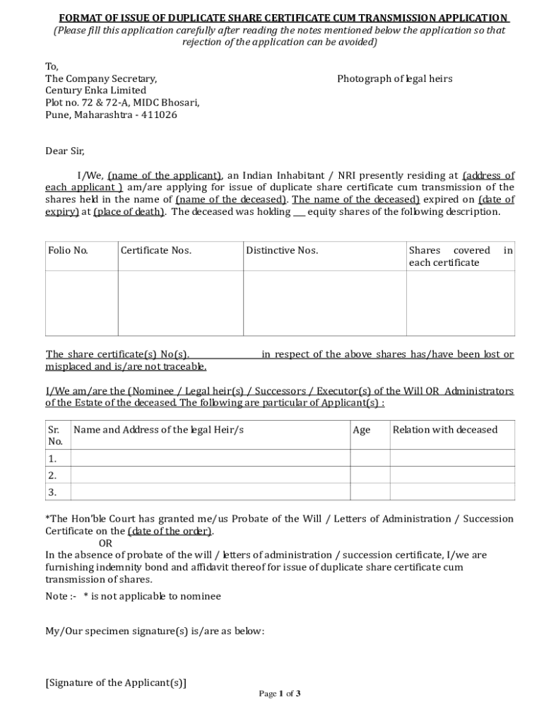 Fillable Online Application for Duplicate Share Certificate cum... - Course Hero Fax Email Print ...