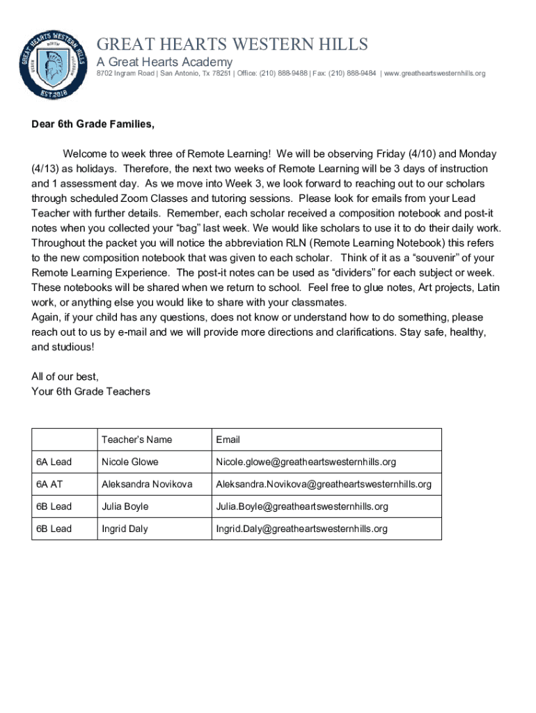 Fillable Online 6th Grade Packet: 4/6-4/10 - GREAT HEARTS WESTERN HILLS ...