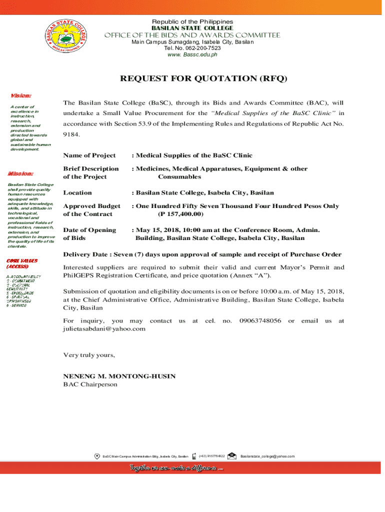 Fillable Online bassc edu REQUEST FOR QUOTATION (RFQ) - Basilan State ...