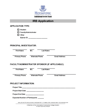 Fillable Online INSTITUTIONAL REVIEW BOARD APPLICATION IRB # Fax Email Print - pdfFiller