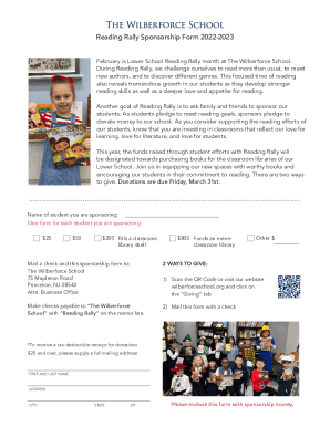 Fillable Online Reading Rally 2019 information and sponsor form Fax ...