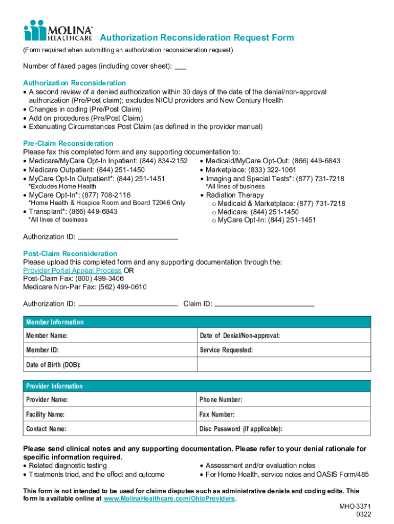 Fillable Online Authorization Reconsideration Request Form. Authorization Reconsideration ...