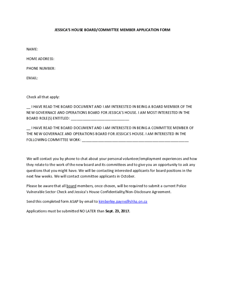 Fillable Online jessica's house board/committee member application form ...