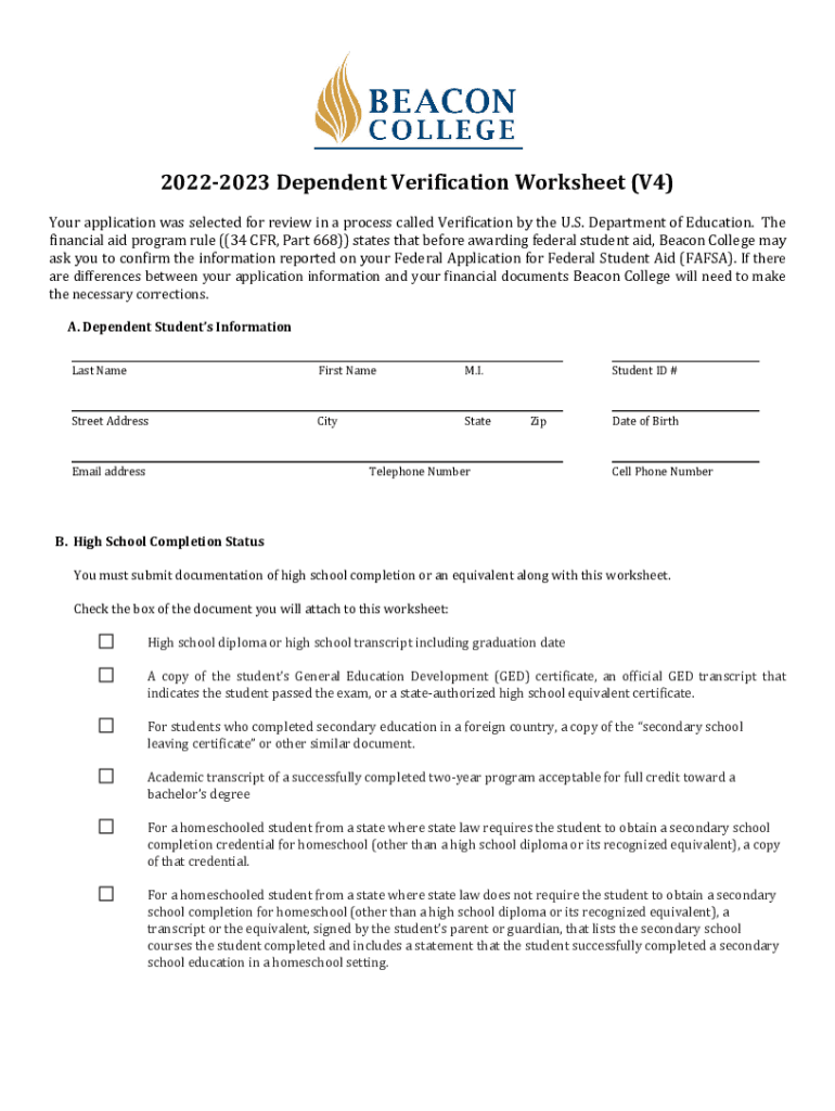 Fillable Online 2022-2023 Dependent Verification Worksheet (V4) Fax Email Print - pdfFiller
