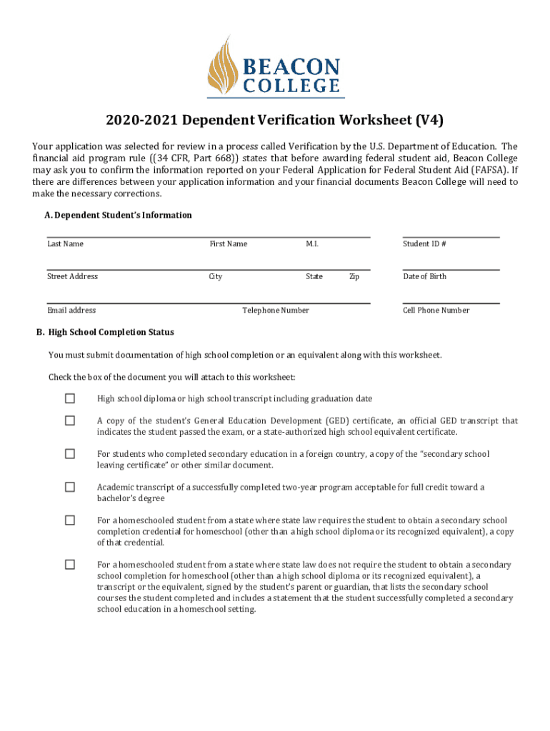 Fillable Online 2020-2021 Dependent Verification Worksheet (V4)Beacon ...