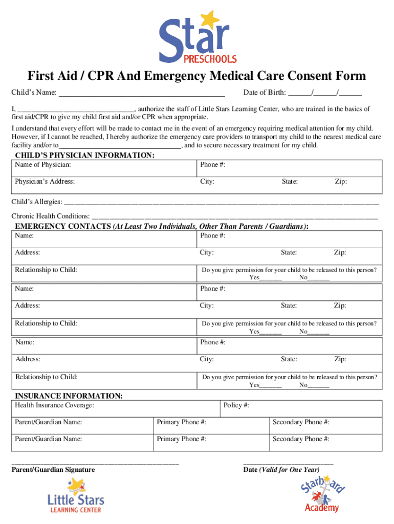Fillable Online First Aid & Medical Emergency Care Consent Form Fax Email Print - pdfFiller