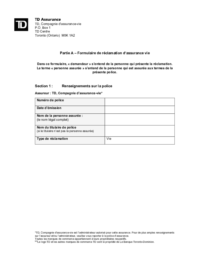 Remplissable En Ligne TD Assurance Directives pour remplir la trousse de rclamation dassurance ...