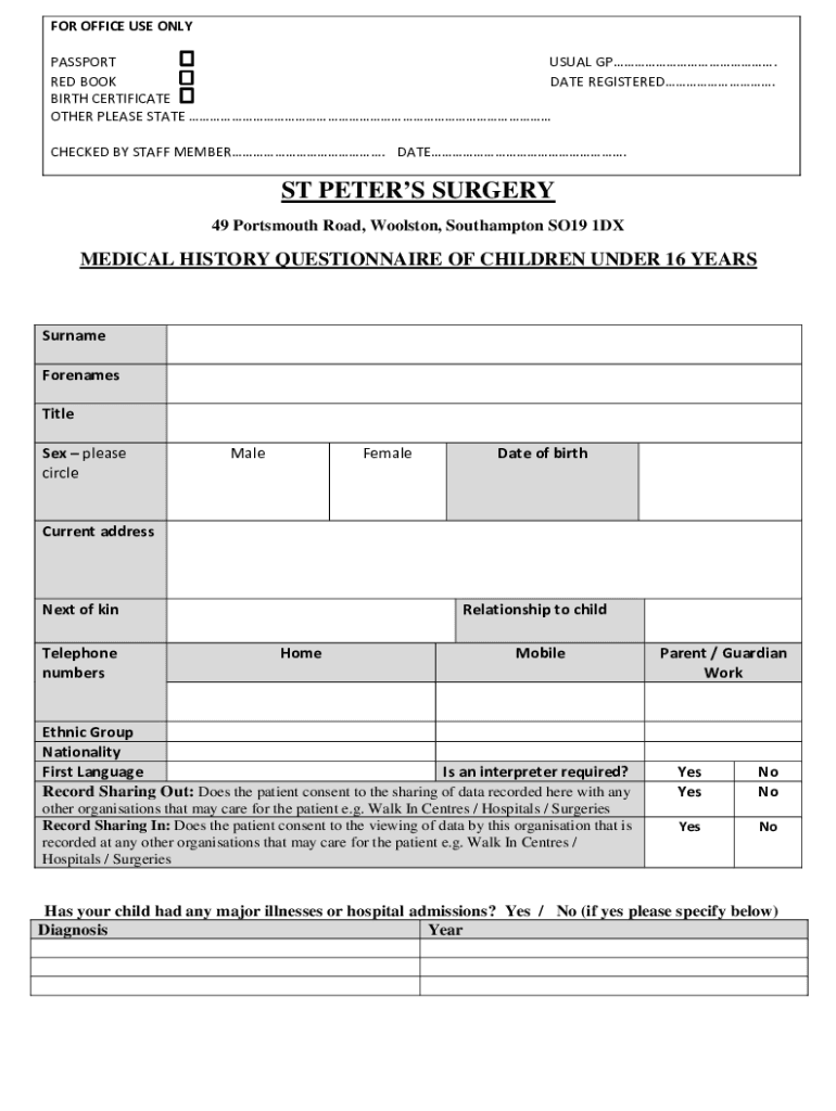 Fillable Online NEW REG Medical Questionnaire FORM CHILDREN.docm Fax ...
