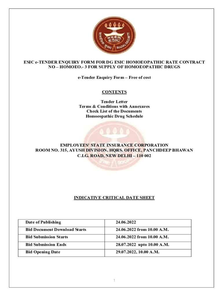 Fillable Online e-TENDER ENQUIRY FORM FOR DG ESIC RATE ... Fax Email ...
