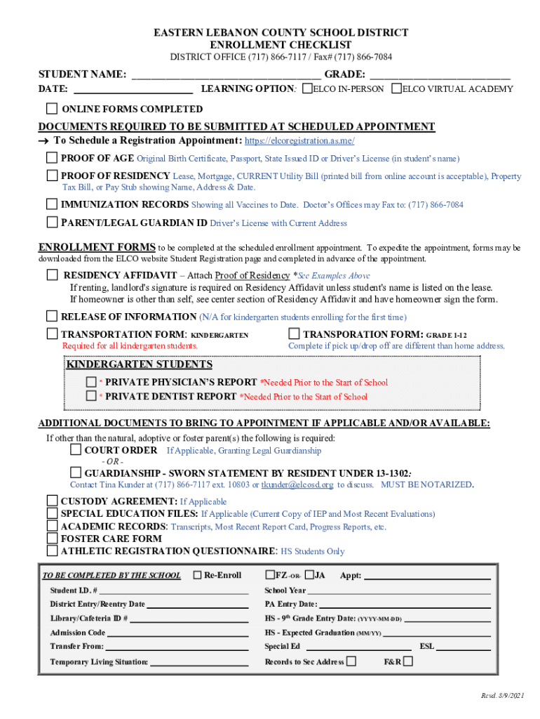 Fillable Online eastern lebanon county school district enrollment checklist Fax Email Print ...