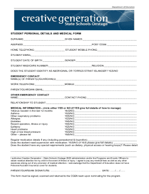 Fillable Online Student personal details and medical form. Student ...