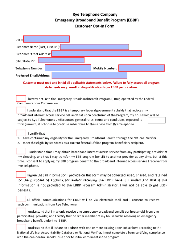 Fillable Online Rye Telephone Company Emergency Broadband Benefit ... Fax Email Print - pdfFiller
