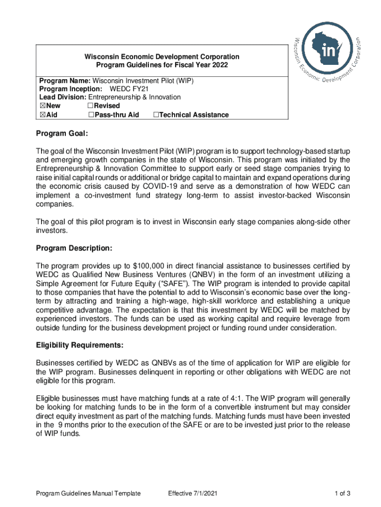 Fillable Online The goal of the Wisconsin Investment Pilot (WIP) program ... Fax Email Print ...