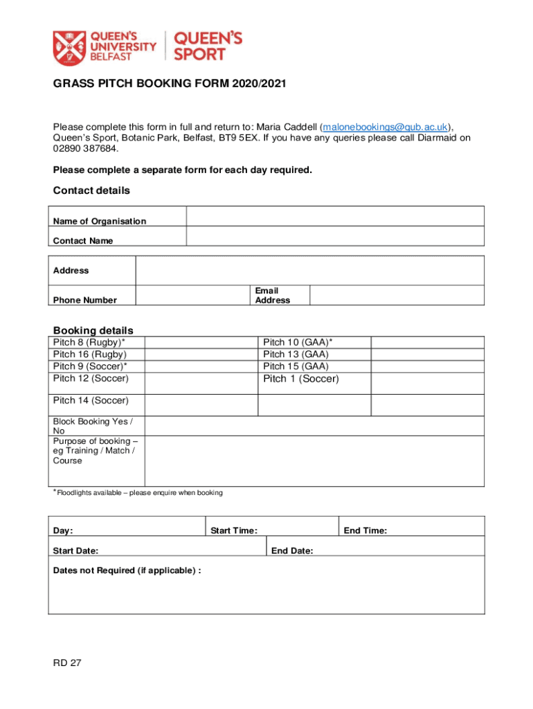 Fillable Online grass pitch booking form 2020/2021 - Queen's Sport Fax ...