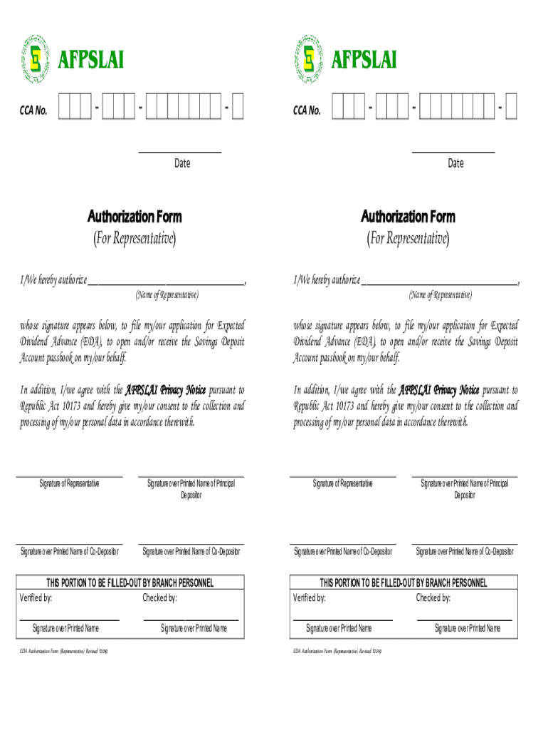 Fillable Online Authorization Form (For Representative) - afpslai Fax ...