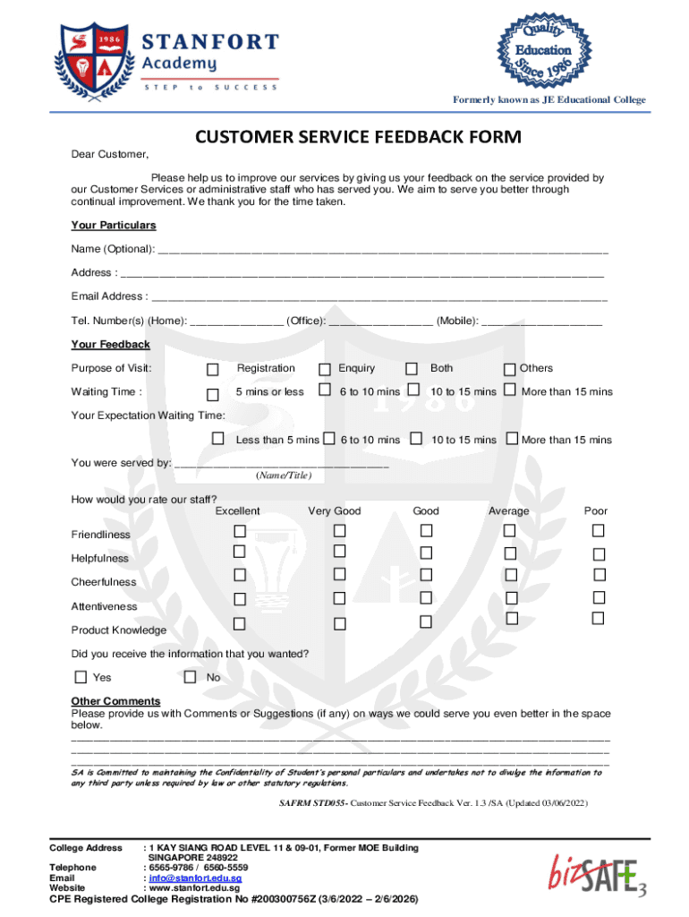 Fillable Online CUSTOMER SERVICE FEEDBACK FORM Fax Email Print - pdfFiller