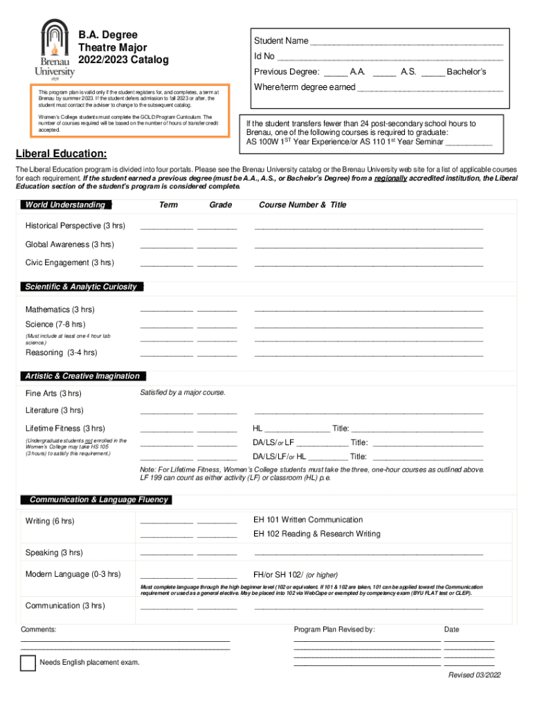 Fillable Online archive brenau Theatre (Acting) - BA - ASU Degrees ...