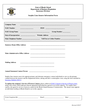 Fillable Online dbr ri Surplus Lines Insurer Information Form State of ...