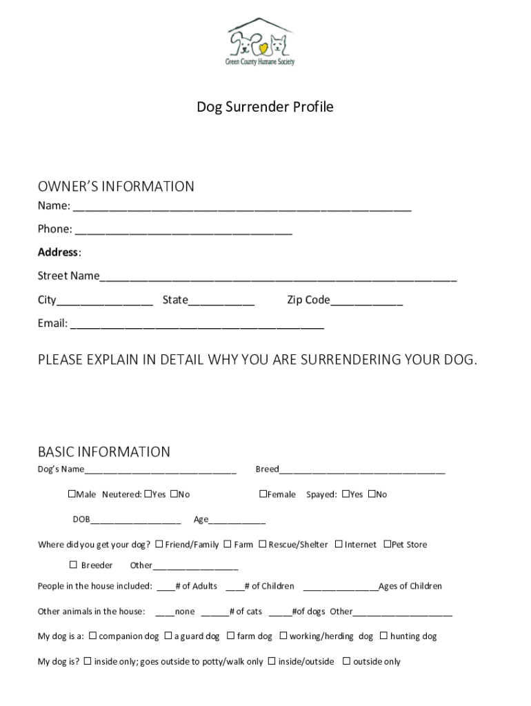 Fillable Online Surrendering Your Pet to the Shelter - City of ...