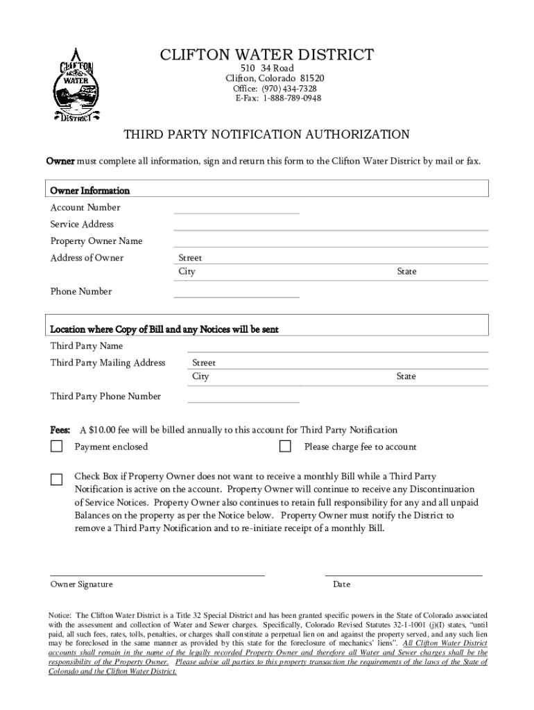 Fillable Online 12 Third Party Notification Form.pdf - Clifton Water ...