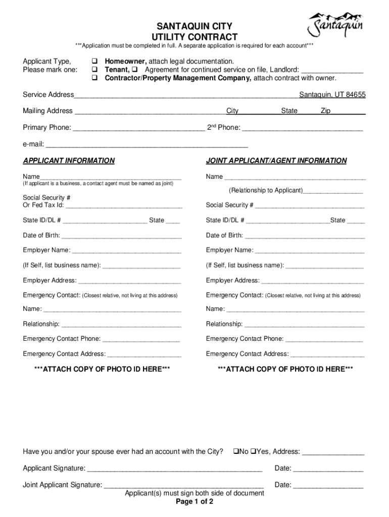 Fillable Online Utility Contract FormSantaquin, UT Fax Email Print ...