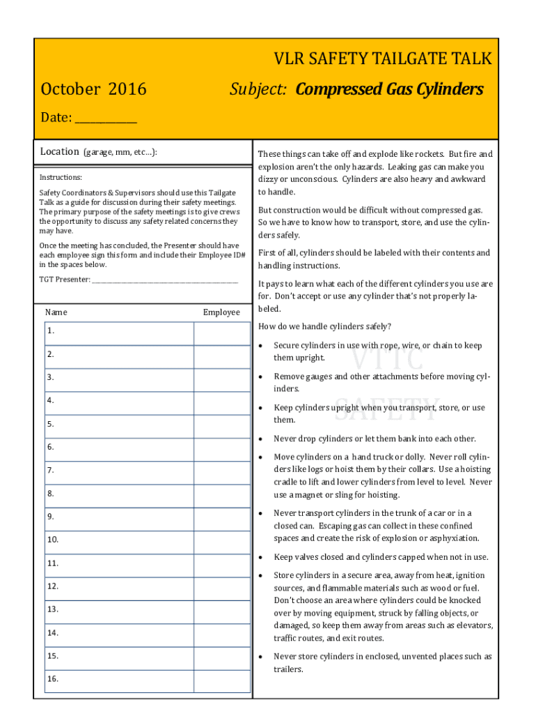Fillable Online Toolbox Talk: Compressed Gas Cylinders Safety Fax Email ...