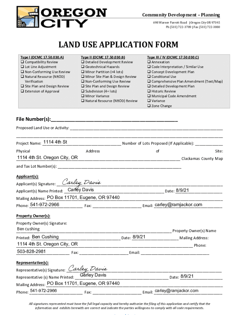 Fillable Online LAND USE APPLICATION FORM - City of Oregon City Fax ...