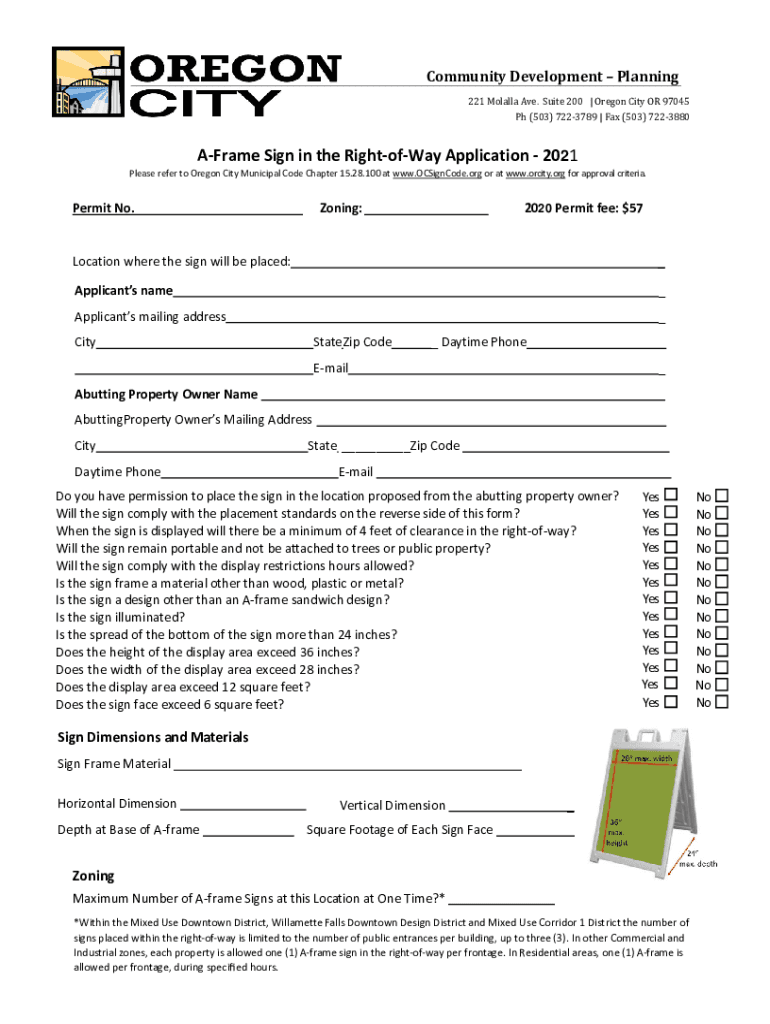 Fillable Online A-Frame Sign in the Right-of-Way Application - 2021 Fax ...