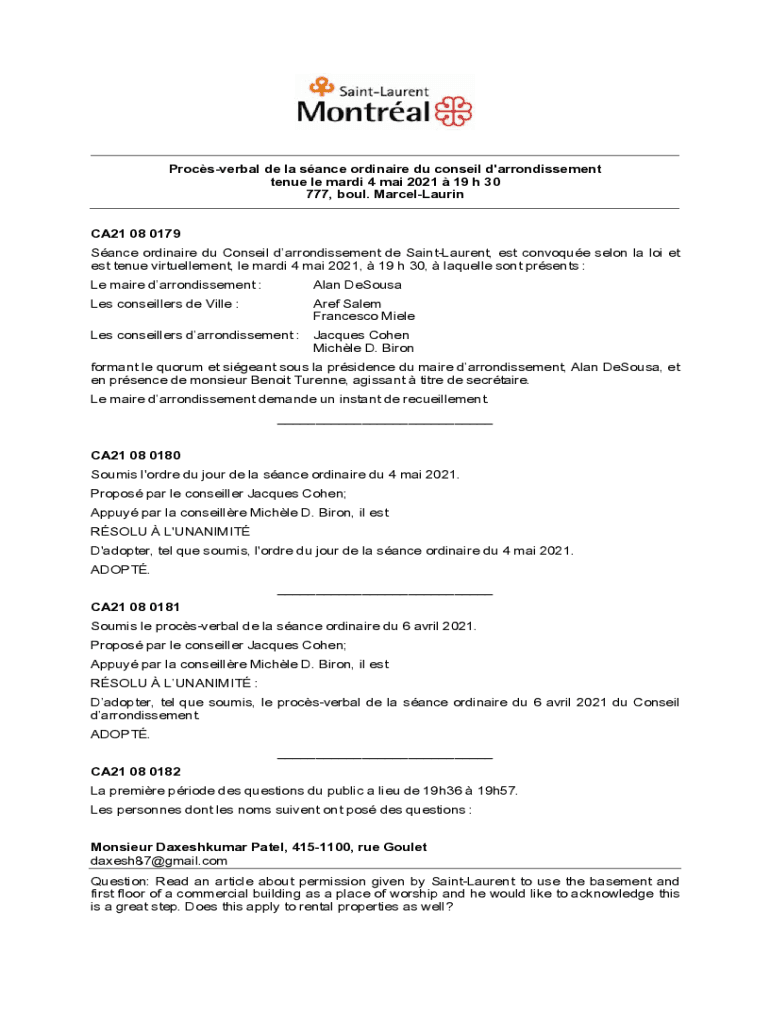 Remplissable En Ligne Procs-verbal de la sance ordinaire du ... - Ville de Montral Fax Email ...