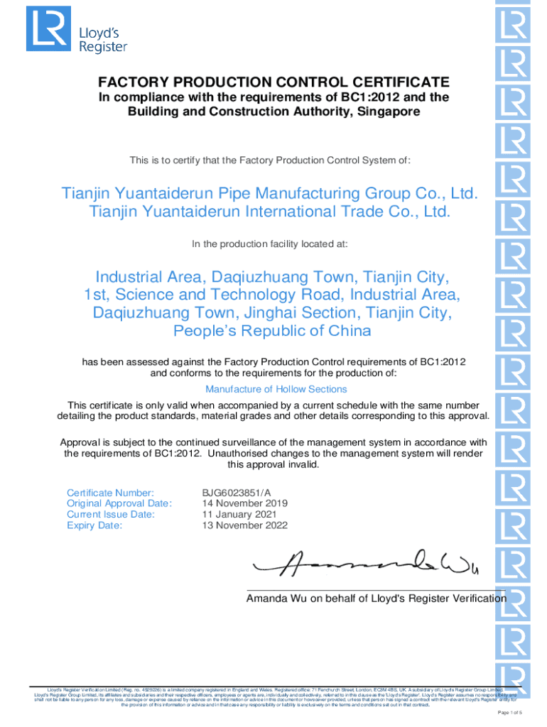Fillable Online BCA Singapore Factory Production Control Certificate ...