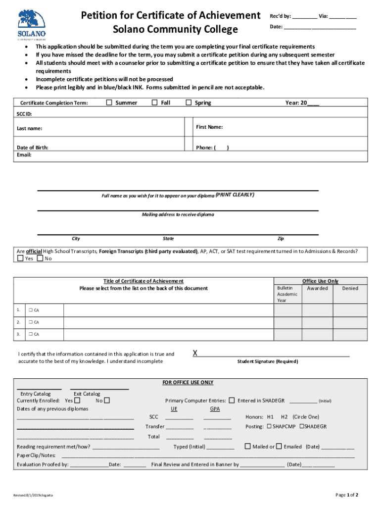 Fillable Online Petition for Certificate of Achievement Solano Community ... Fax Email Print ...
