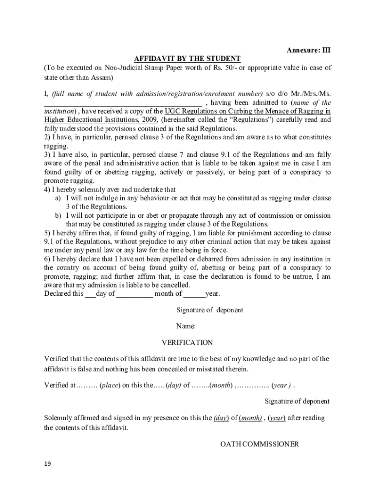 Fillable Online Annexure: III AFFIDAVIT BY THE STUDENT (To be executed ... Fax Email Print ...