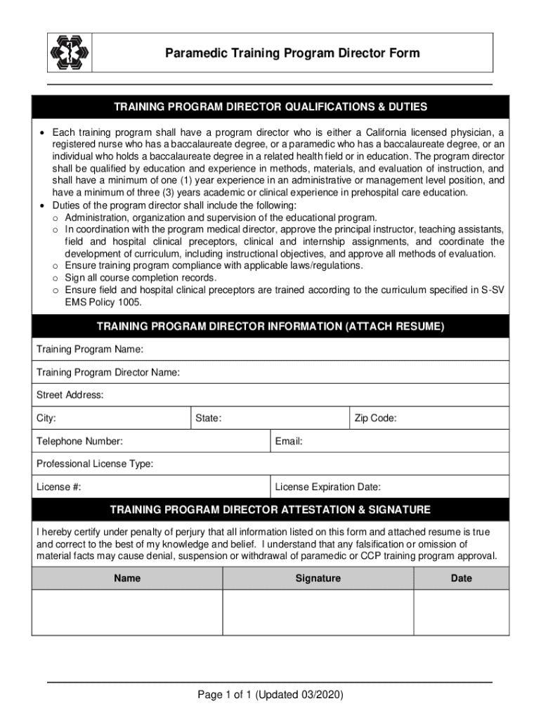 Fillable Online Paramedic Training Program Director Form - S-SV EMS ...