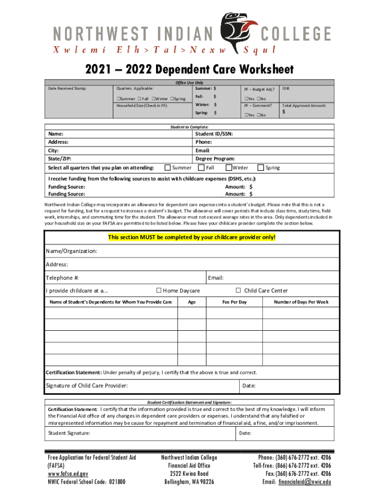 Fillable Online 20212022 Dependent Care Worksheet Fax Email Print ...