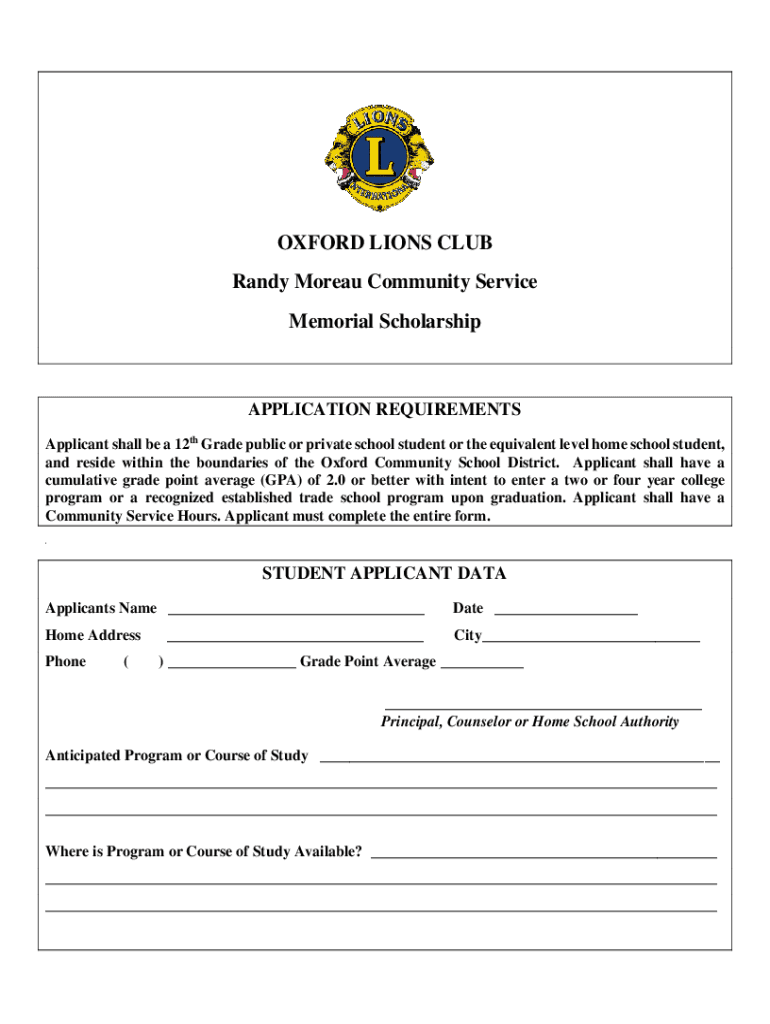 Fillable Online OXFORD LIONS CLUB Randy Moreau Community Service ...