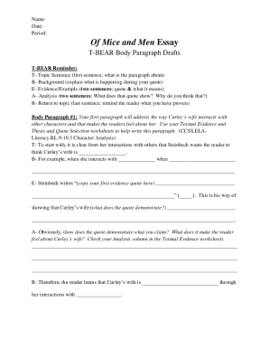 Fillable Online Of Mice and Men Essay - T-BEAR Body Paragraph Drafts ...
