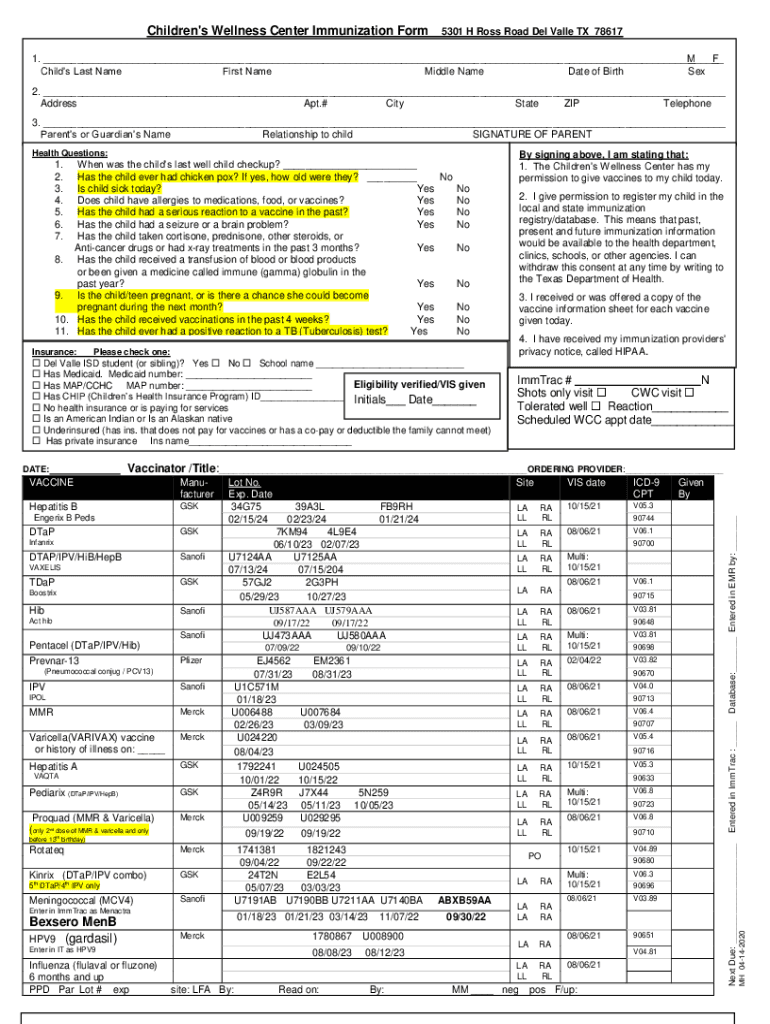 Completable En línea Children's Wellness Center Immunization Form5301 H ...