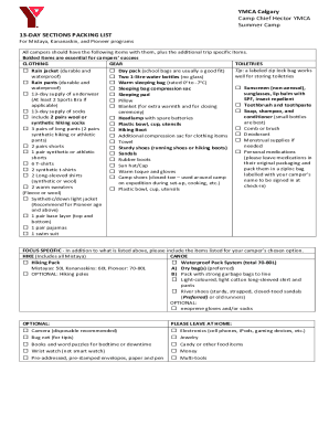 Fillable Online YMCA Summer Camp LIT PACKING LIST - YMCA Calgary Fax ...