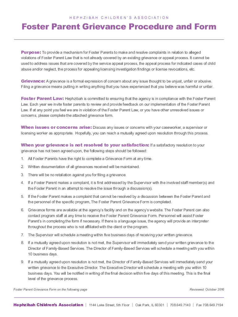 Fillable Online Foster Parent Grievance Procedure and Form Fax Email ...