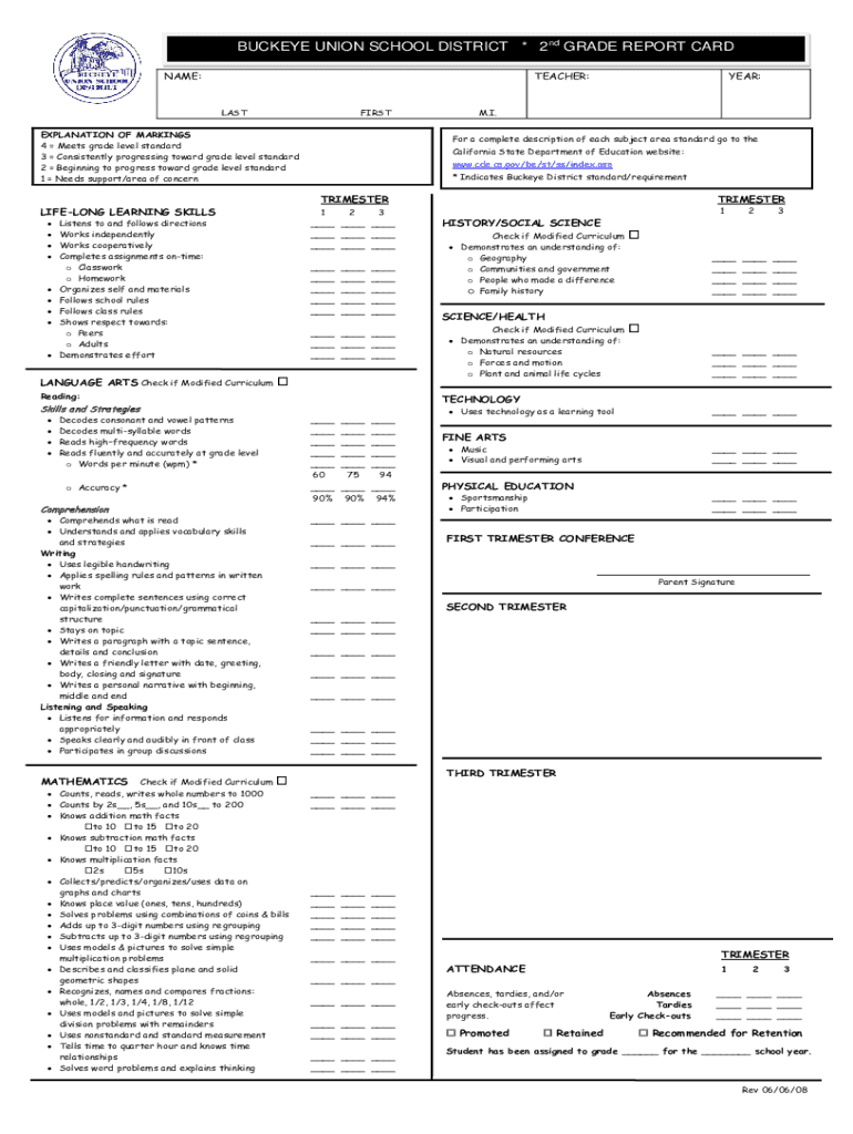 Fillable Online 2nd Grade Report Card - Buckeye Union School District ...