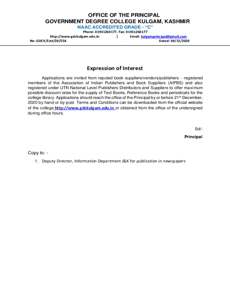 Fillable Online Expression of Interest - Government Degree College Kulgam Fax Email Print ...