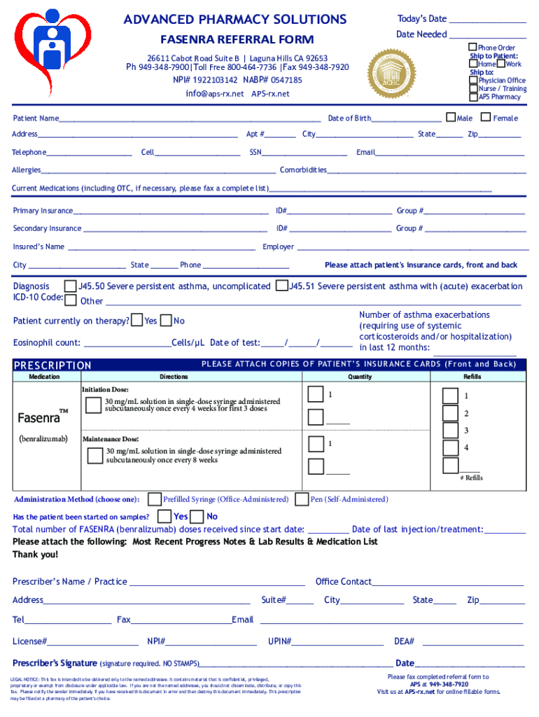 Fillable Online fasenra referral form - APS RX Fax Email Print - pdfFiller
