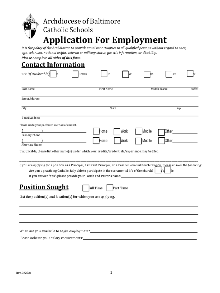 Fillable Online Application For Employment - the Archdiocese of ...