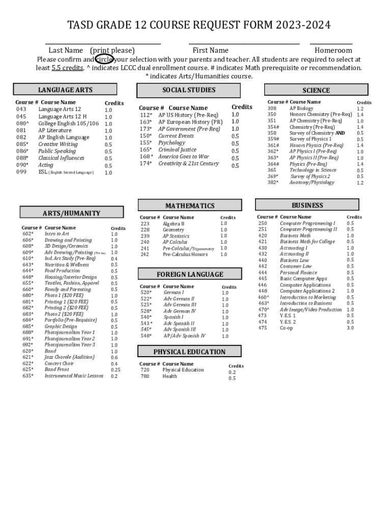 Fillable Online TASD GRADE 12 VO-TECH COURSE REQUEST FORM 2023 ... Fax ...
