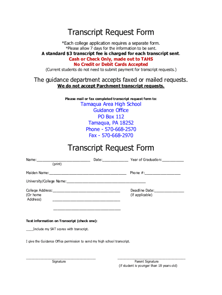 Fillable Online Transcript Request Form - Tamaqua Area School District ...