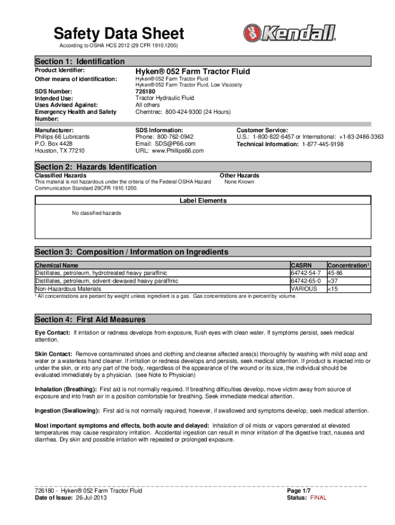 Fillable Online Hyken 052 Farm Tractor Lubricant - Kendall Motor Oil ...