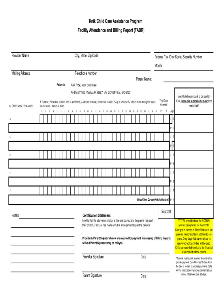 Fillable Online Knik Child Care Assistance Program Facility Attendance and ... Fax Email Print ...